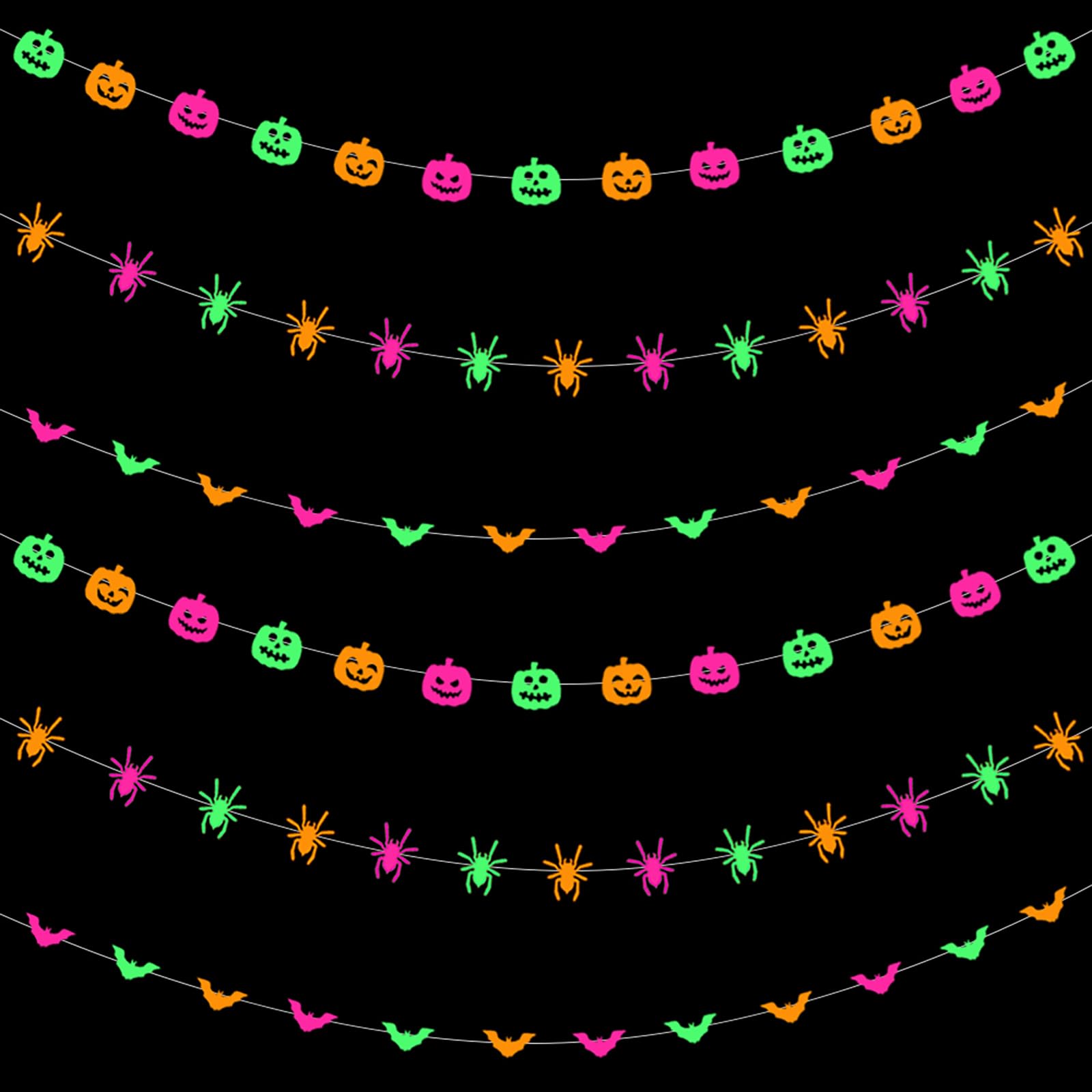Halloween Party Decorations Neon Banner - 3pcs Glow in The Dark Paper Pumpkin Bats Spiders Hanging Swirls Streamers,Window Fireplace Room Ceiling Garland, Baby Shower Birthday Supplies Decor Panduola