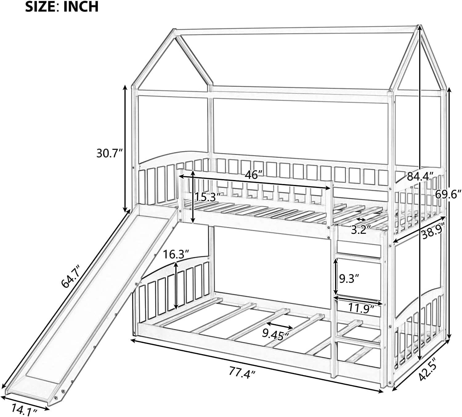 DNYN Twin Size Loft Bed with Slide for Kids Bedroom,Twin-Over-Twin House Shaped Bunkbeds w/Safety Guardrails & Roof Design,Easy Assemble & No Box Spring Need & Space Saving Design, White