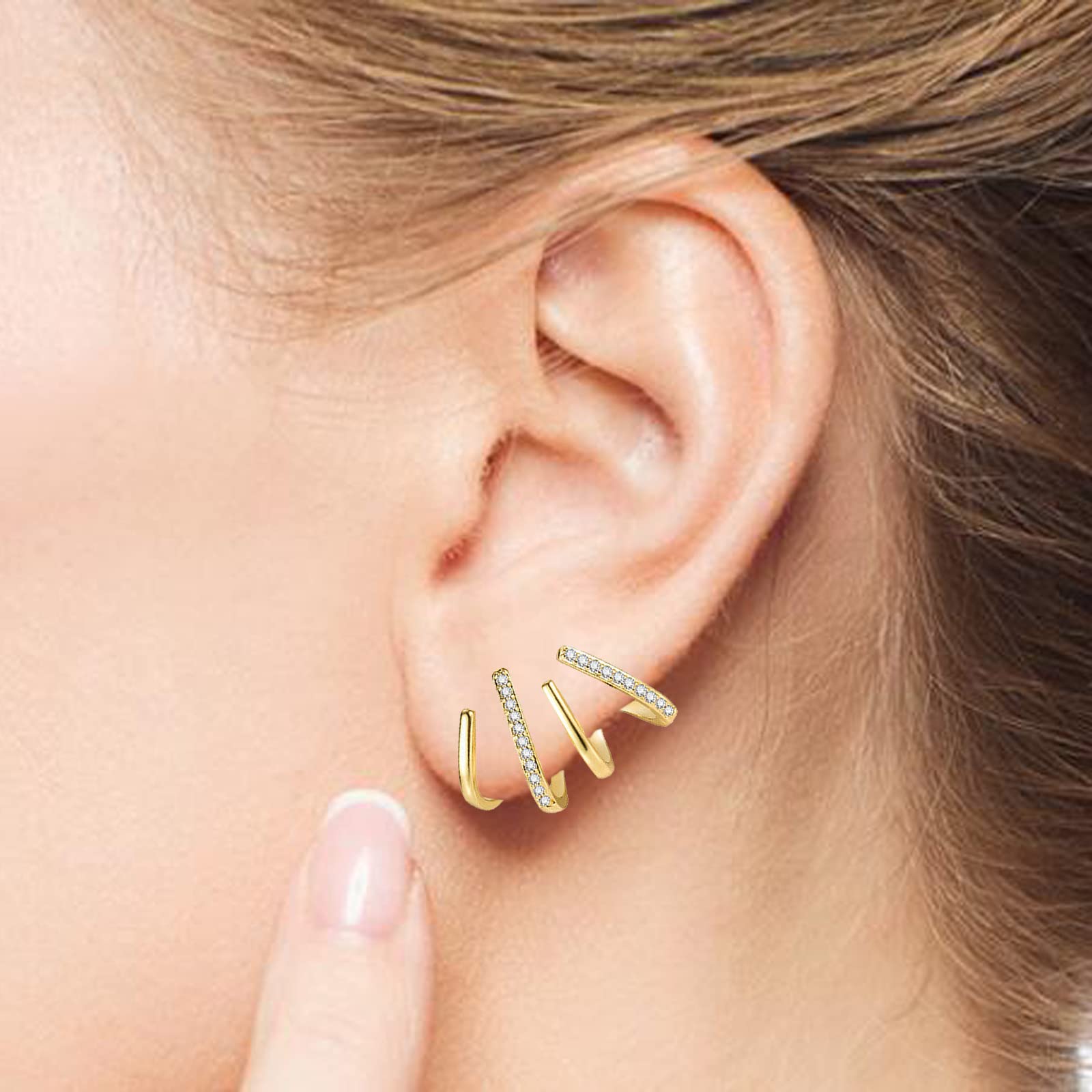 Claw Cuff Earring for Women, Zircon Needle Ear Cuffs Stud Earrings Minimalist Ear Wrap Piercing Earrings for Girls (2 Pcs Gold+2 Pcs Silver)