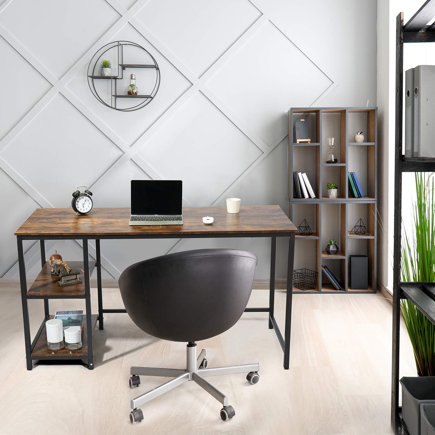 CHADIOR Industrial Desk, 55 Inch Work Surface, Wooden Writting Workstation, Simple Gaming Computer Table with Shelves, for Small Space, Home Office, Bedroom, Rustic Brown