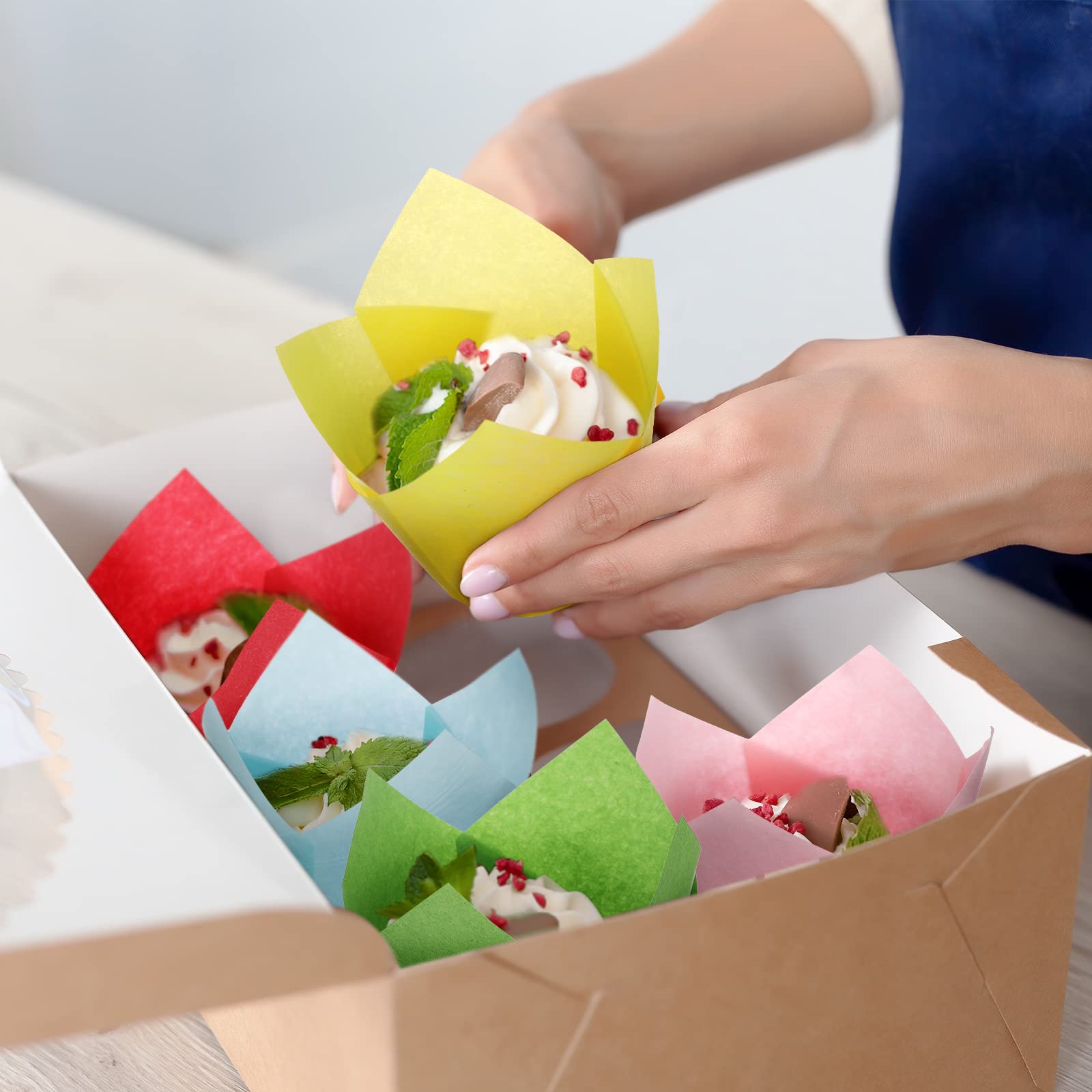 Gandeer 600 Pcs Baking Cups Tulip Cupcake Liners Wrappers Printed Muffin Holders Greaseproof for Holiday Wedding Birthday Party Baby Shower Christmas (Plain Style) Assorted,Blue,Green,Pink,Red,White