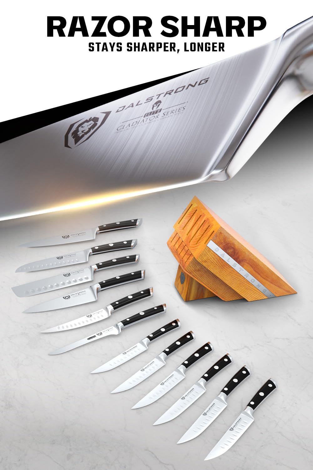 Dalstrong 12-Piece Knife Block Set - Gladiator Series Elite - Black Handles - German HC Steel - Hand-Made Manchurian Ash Wood Block - NSF Certified