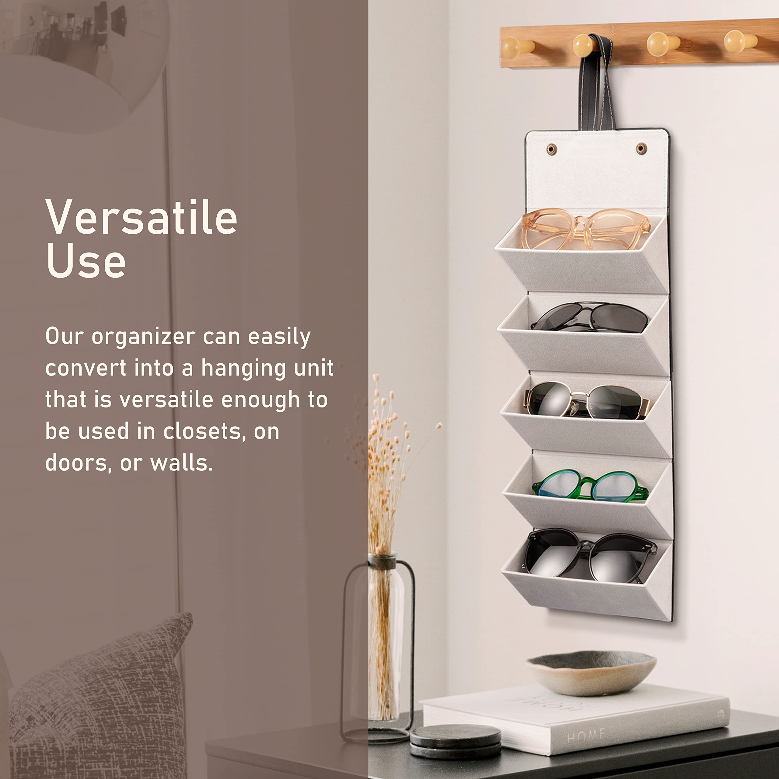 DDG Sunglass Organizer 5 Slots - Multiple Sunglasses Travel Case for Men and Women, Convenient PU Leather Storage Box