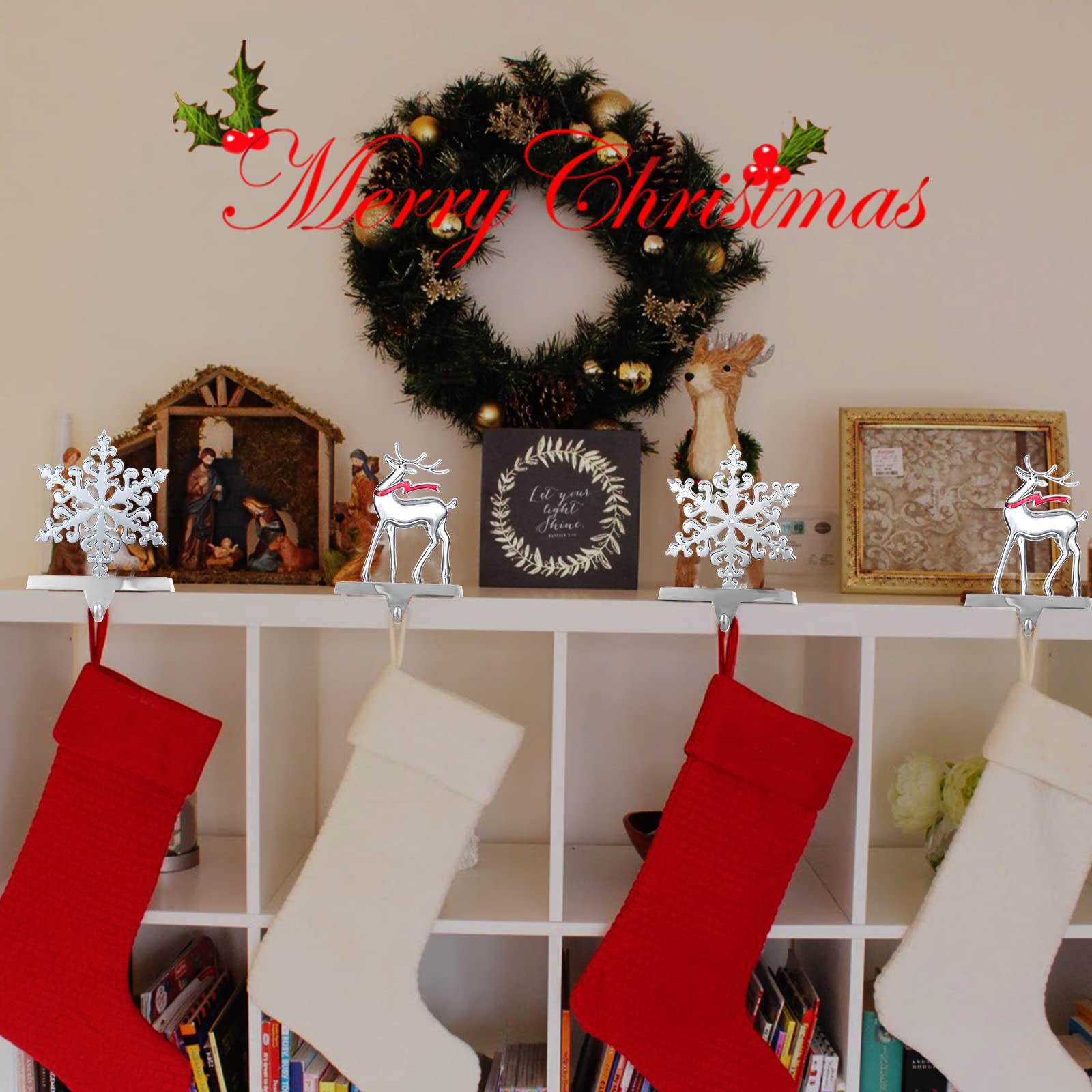 Ceramic Christmas Tree Stocking Holders for Mantle, Set of 2 Christmas Tree Stocking Hangers with LED Light for Fireplace, Green White Christmas Tree Stocking Hangers for Window Christmas Decoration