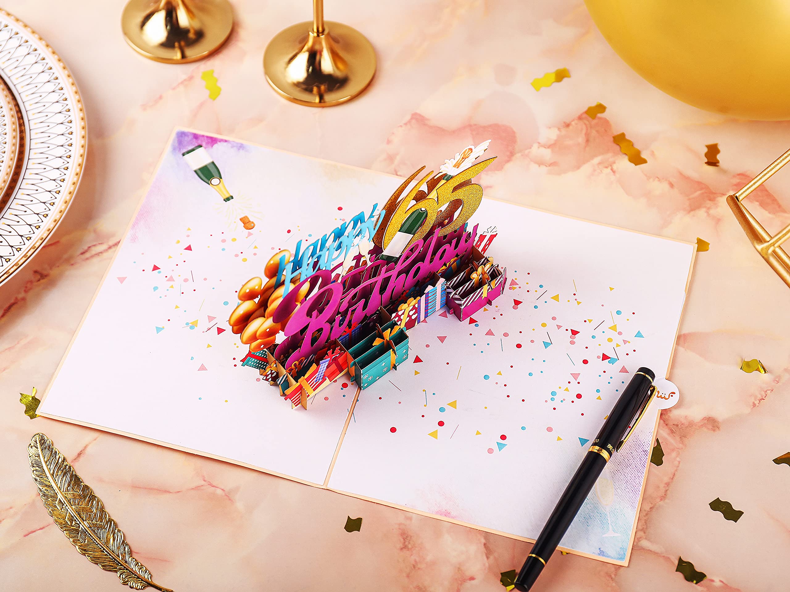 Liif Happy 65Th Birthday 3D Greeting Pop Up Card, Happy Birthday Card For Women, Men, Funny, 65 Years Old, Balloon, Champagne, Celebration - With 65 Gold Glitter & Message Note