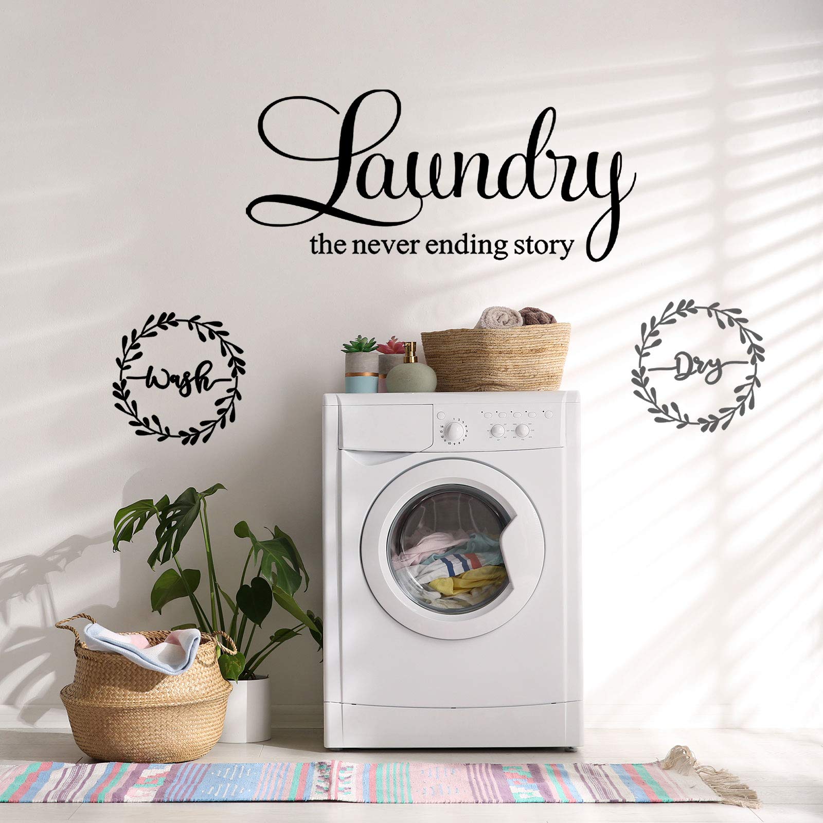 Laundry Room Vinyl Wall Decal Wash Dry Vinyl Laundry Stickers Laundry The Never Ending Story Decal Washer Stickers Quote Wall Art Stickers for Home Apartment Washing Machine (Black Printing)