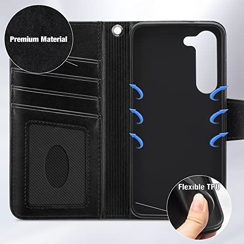 Lugege Compatible with Samsung Galaxy S23 5G Case Wallet Flip Folio Case [Kickstand] with RFID Blocking Card Holders [Shockproof] and Wrist Strap Phone Cover Black