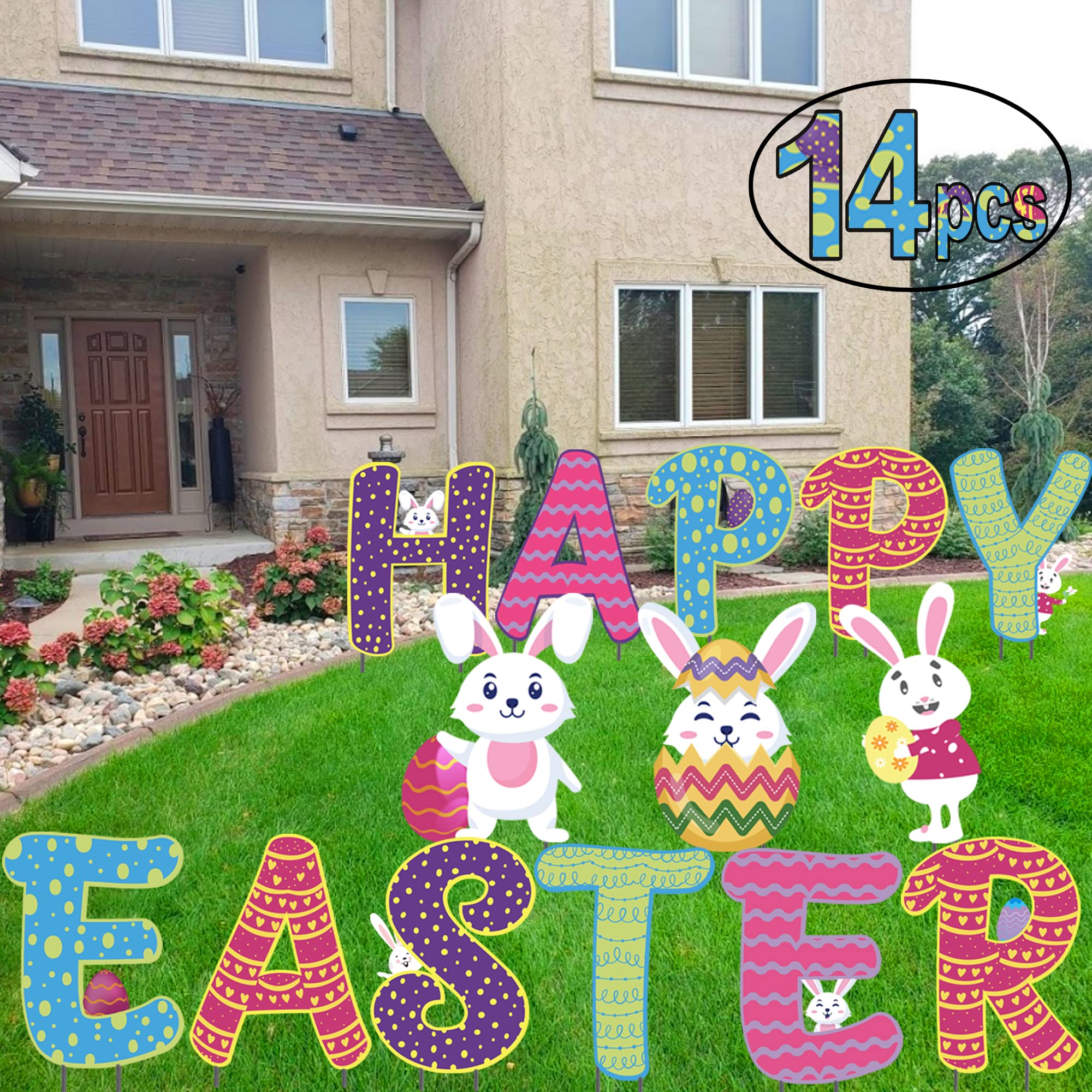 Easter Yard Sign | (14 Pcs) Large 17" Tall, Happy Easter Outdoor Lawn Decorations | Colorful, Bright Easter Props | Easy to Install Sign for Easter Party | By Anapoliz