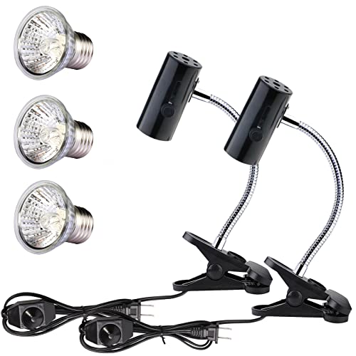 Reptile Heat Lamp Fixture ,360°Rotatable Clips and Adjustable Switch Holder Clamp Lamp with 3 Pcs 50W UVA UVB Full Spectrum Sun Lamp for Turtle Lizard Snake Aquarium Chameleons Amphibians(Black)