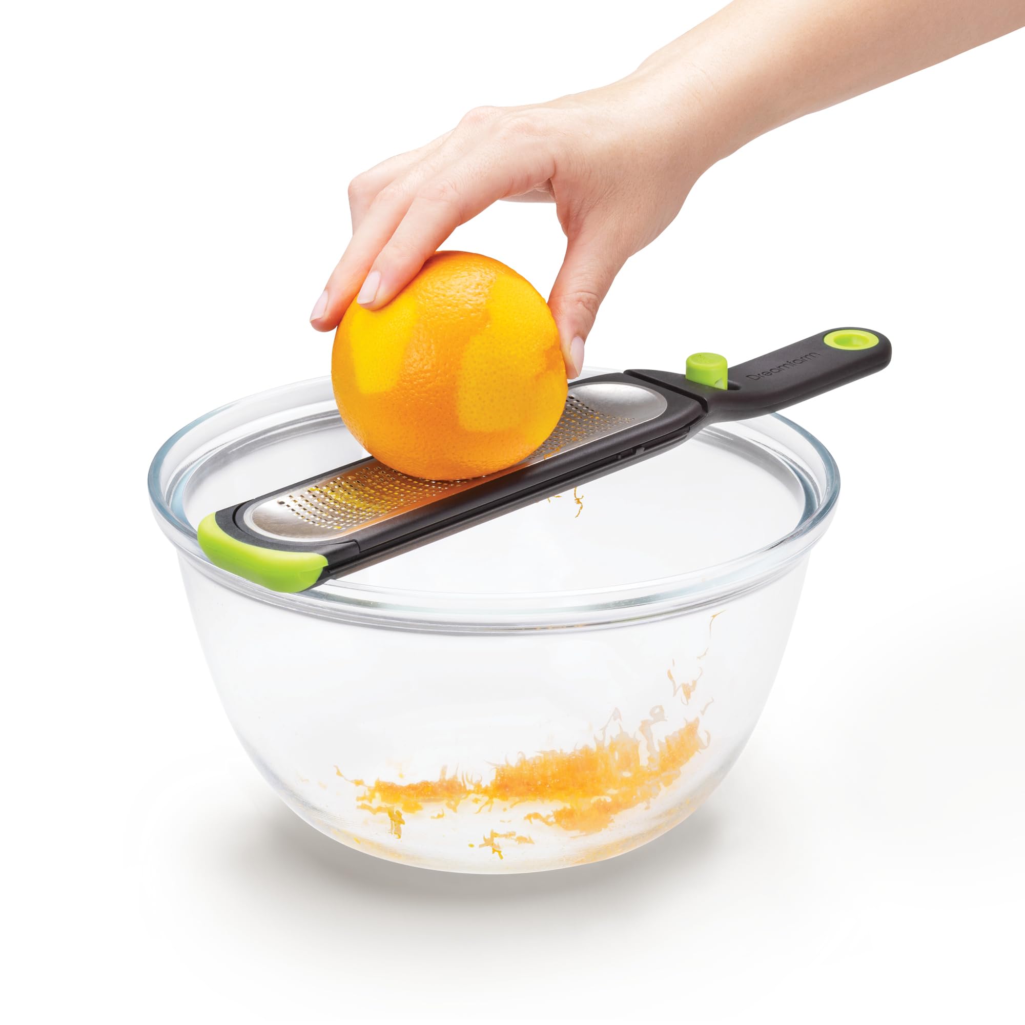 Dreamfarm Ozest Self-Cleaning POP-Button Zester for Fine, Fluffy Citrus Zest, Cheese, Nut, & Spices with Non-Slip Silicone Foot - 1mm Zester, Black/Green