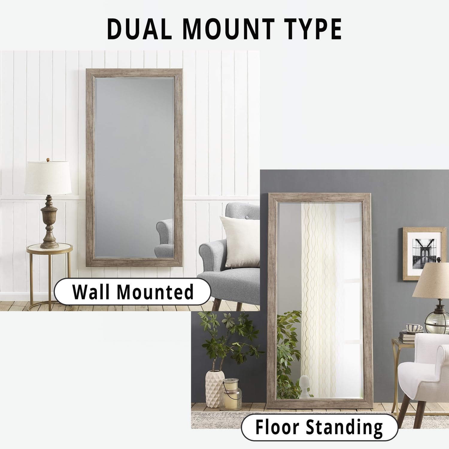 Naomi Home Farmhouse Full-Length Mirror with Wood Frame – Rustic 66"x32" Large Floor Mirror, Elegant Full Body Standing or Wall Mirror, Rustic Wood Mirror Full Length for Bedroom, Warm Grey Finish