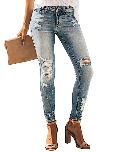 KUNMI Women's Ripped Boyfriend Slim Fit Jeans Frayed Distressed Stretchy Denim Pants