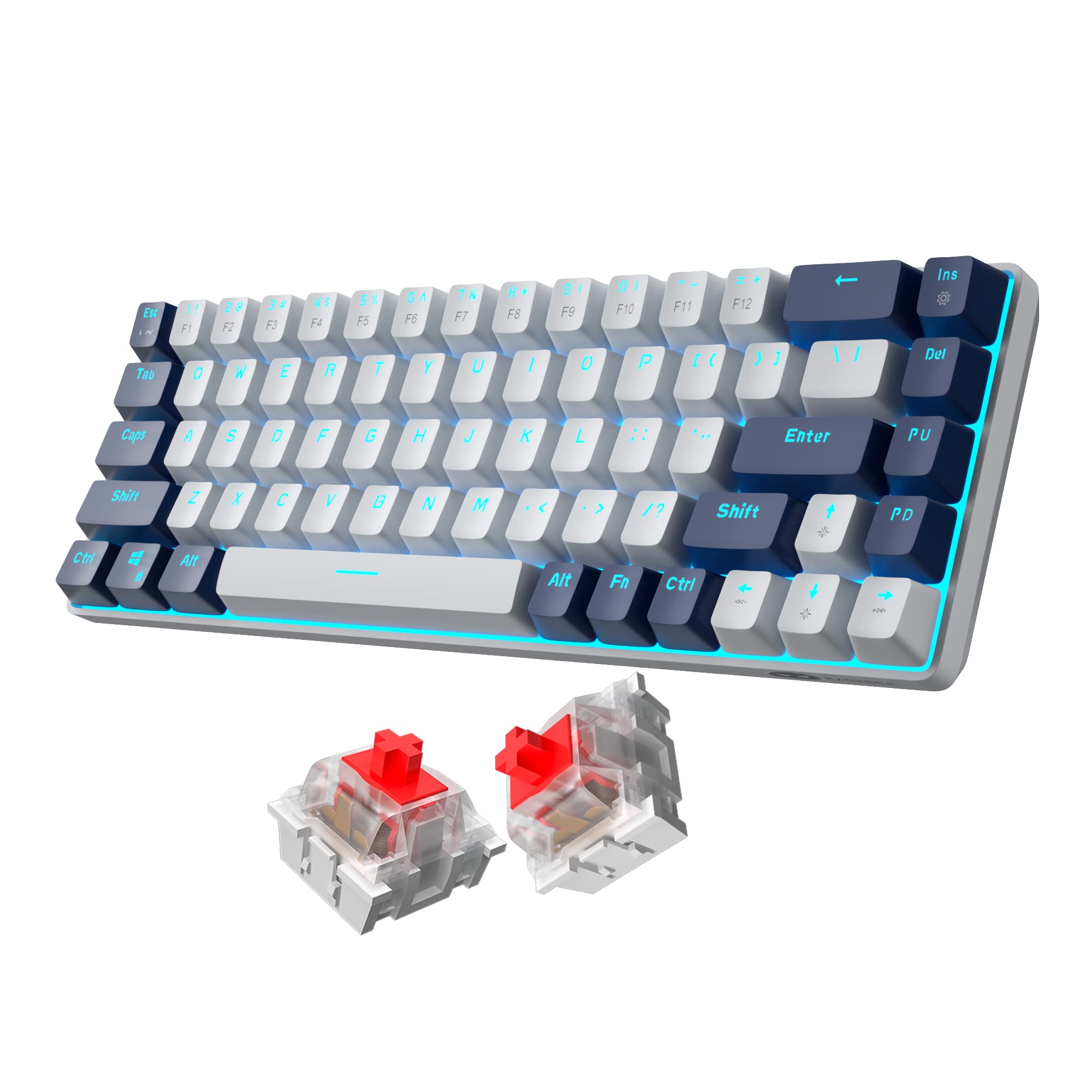 Camiysn 60 Percent Mechanical Keyboard,Compact 68 Keys Anti-ghosting with Red Switch Blue Light with Detachable Type-C Keyboard for PC Gamer Windows Laptop Mac/Xbox(Red Switch, Blue & White)