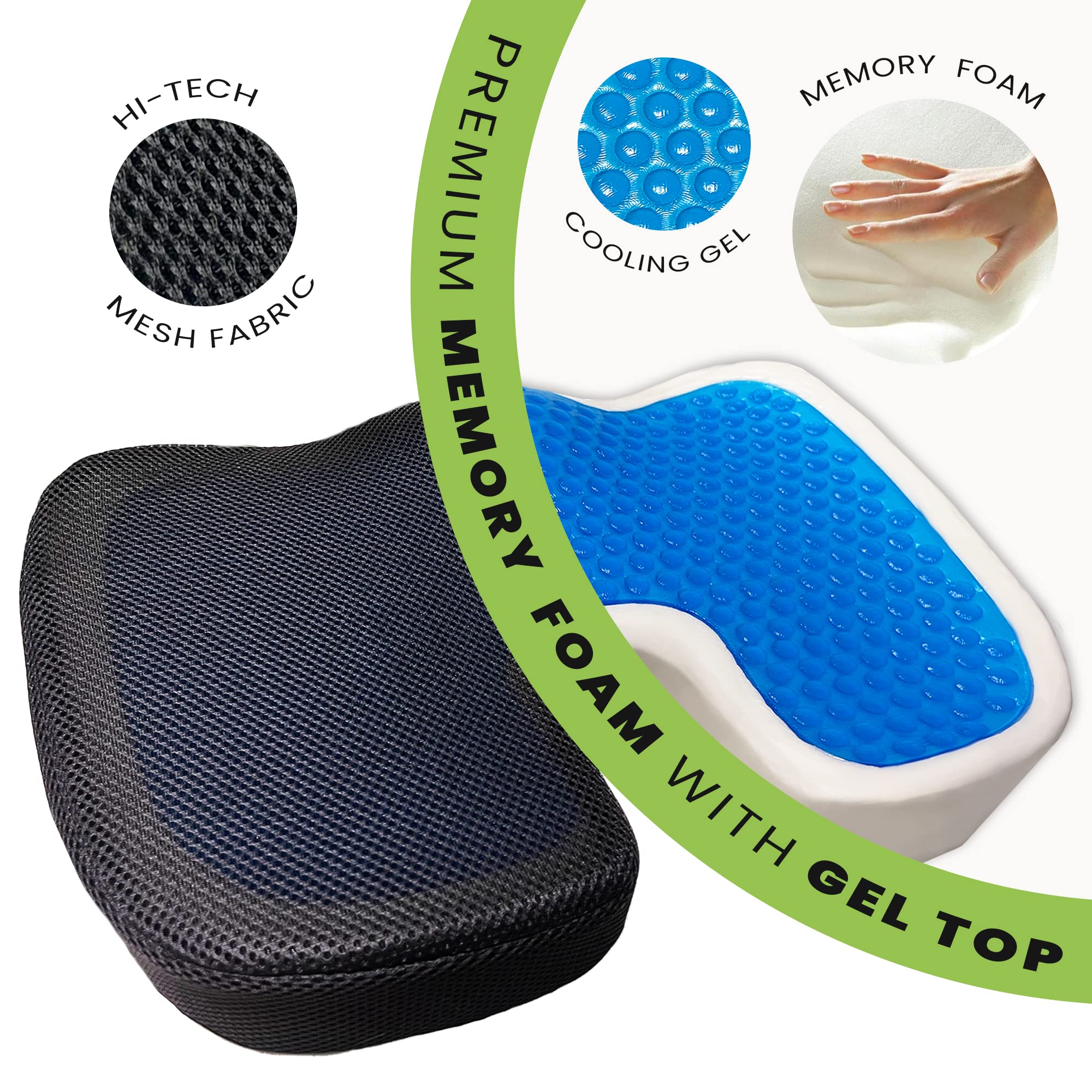 Chair Cushion - Car Seat Cushion β Desk Chair Cushion β Orthopedic Gel & High-Density Memory Foam Coccyx Ergonomic Cushion for Tailbone Pain β Sciatica & Back Pain Relief (Black)