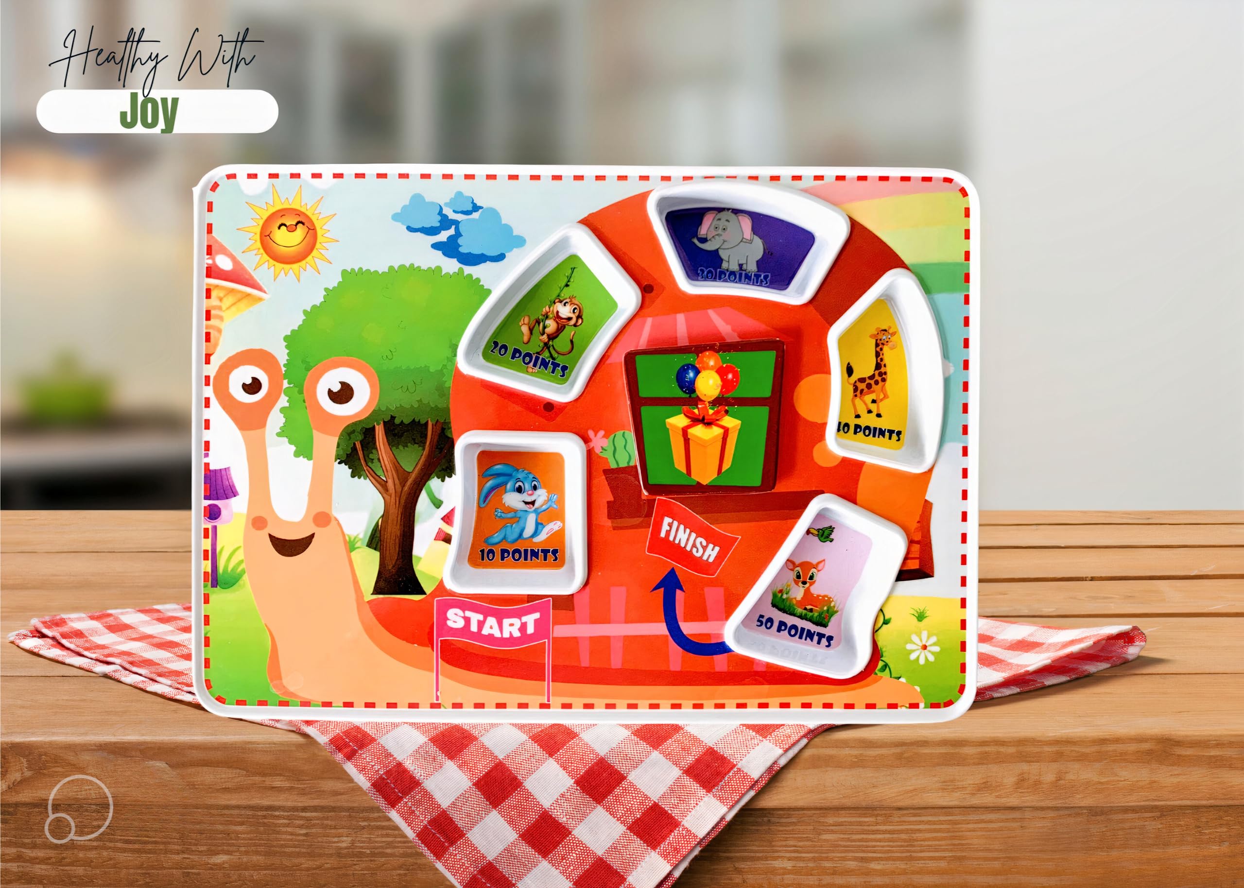 K'ONIJO Kids Divided Plate. Fun Game Tray With 5 Food Portions & 1 Extra for Surprise. Compatible With Picky Eater Toddler. Eat, Play, Win (Joy)