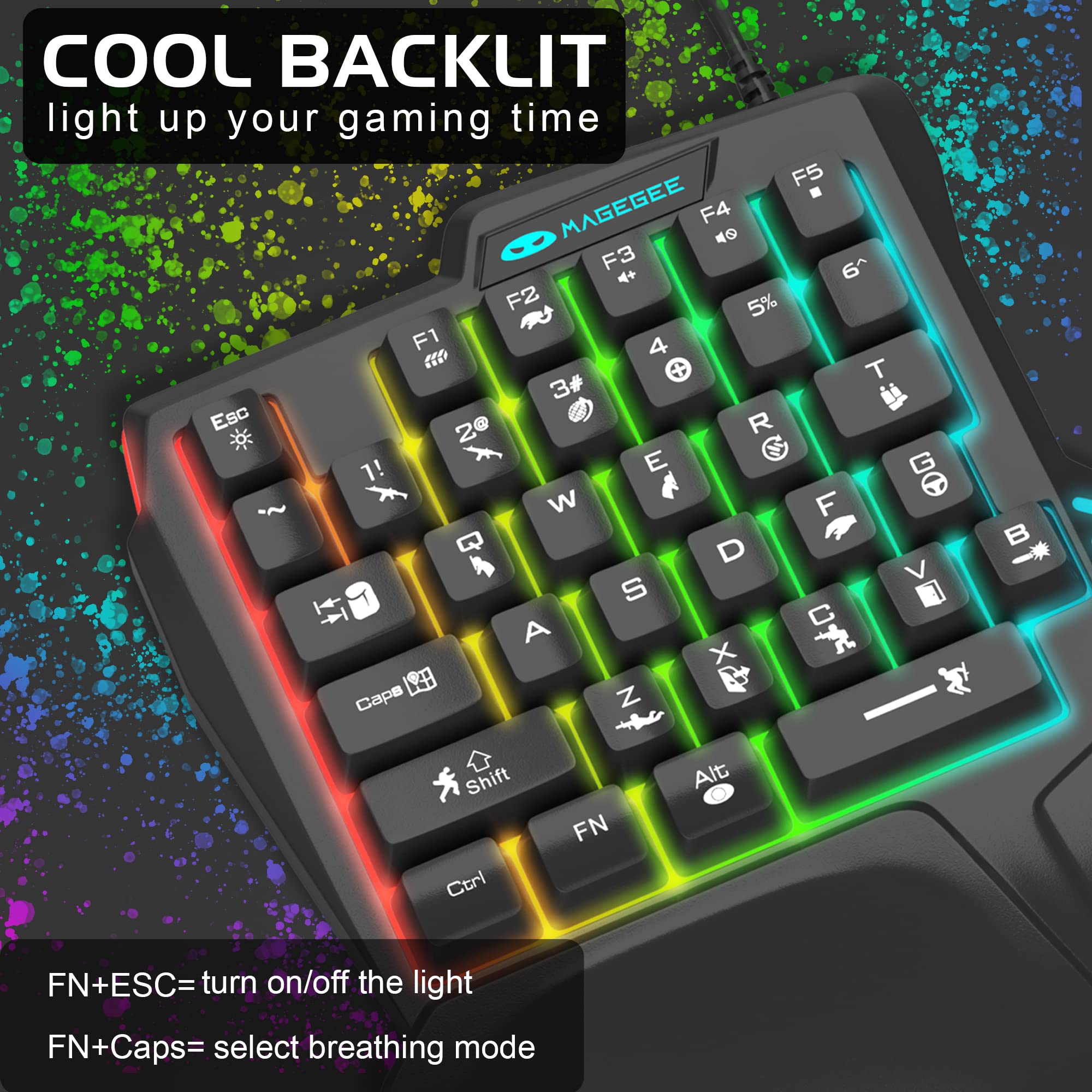 Camiysn One Handed Gaming Keyboard, Small Gaming Keyboard with Ergonomic Palm Rest, LED Backlit Mini Gaming Keypad, USB Wired Game Controller for Gamer(Black)