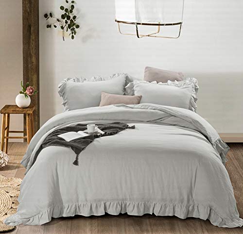 meadow park 100% Stone Washed French Linen Duvet Cover Set 3 Pieces - Super Soft,King 104 inches x 92 inches - Shams 20 inches x 36 inches, Ruffled Style - Button Closure - Corner Ties, Light Grey