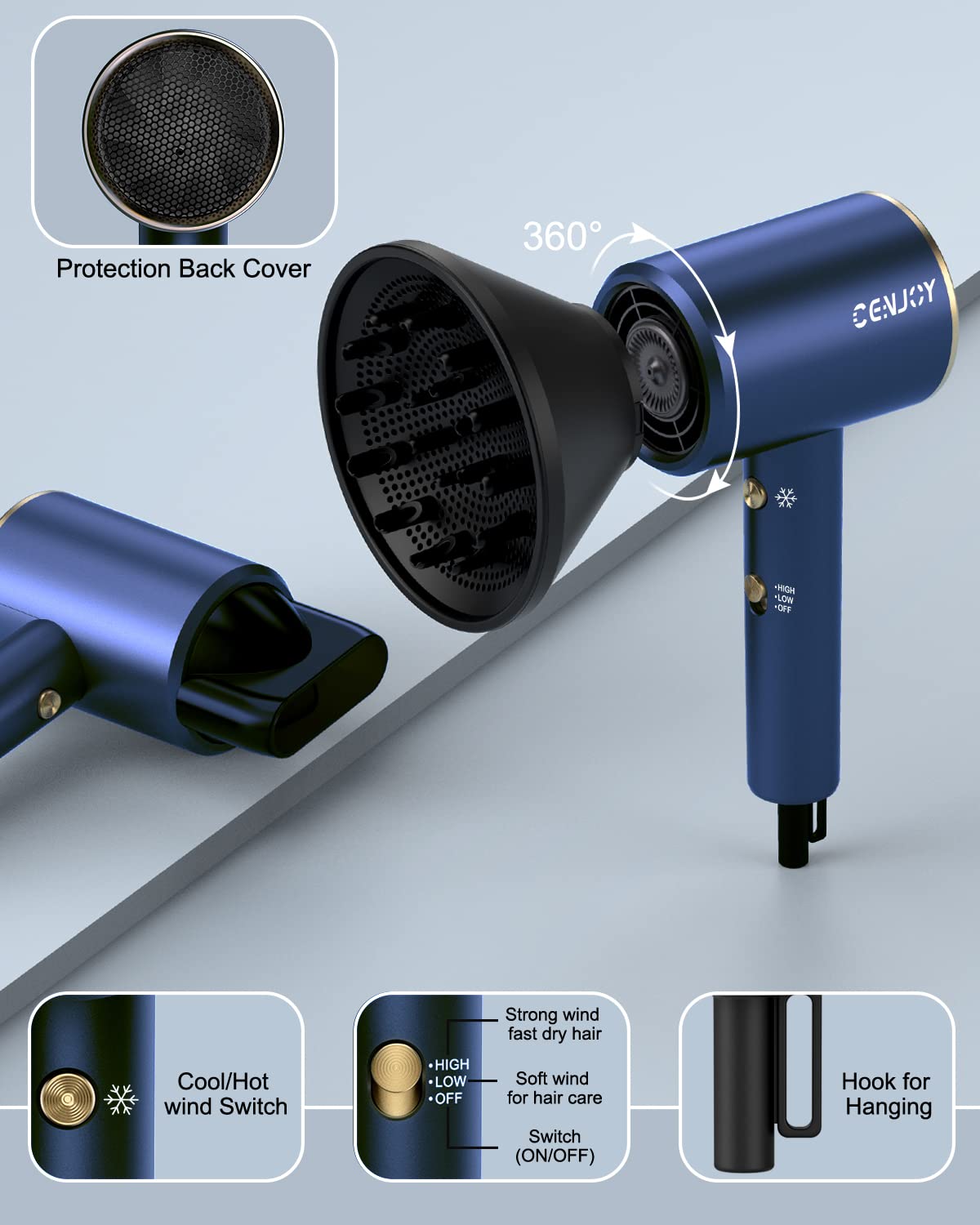 CENJOY Hair Dryer - 1875W Negative Ion Hairdryer with Diffuser, 2 Heating/2 Speed/Cool Setting, Lightweight, Compact, Portable, Quiet for Home, Travel