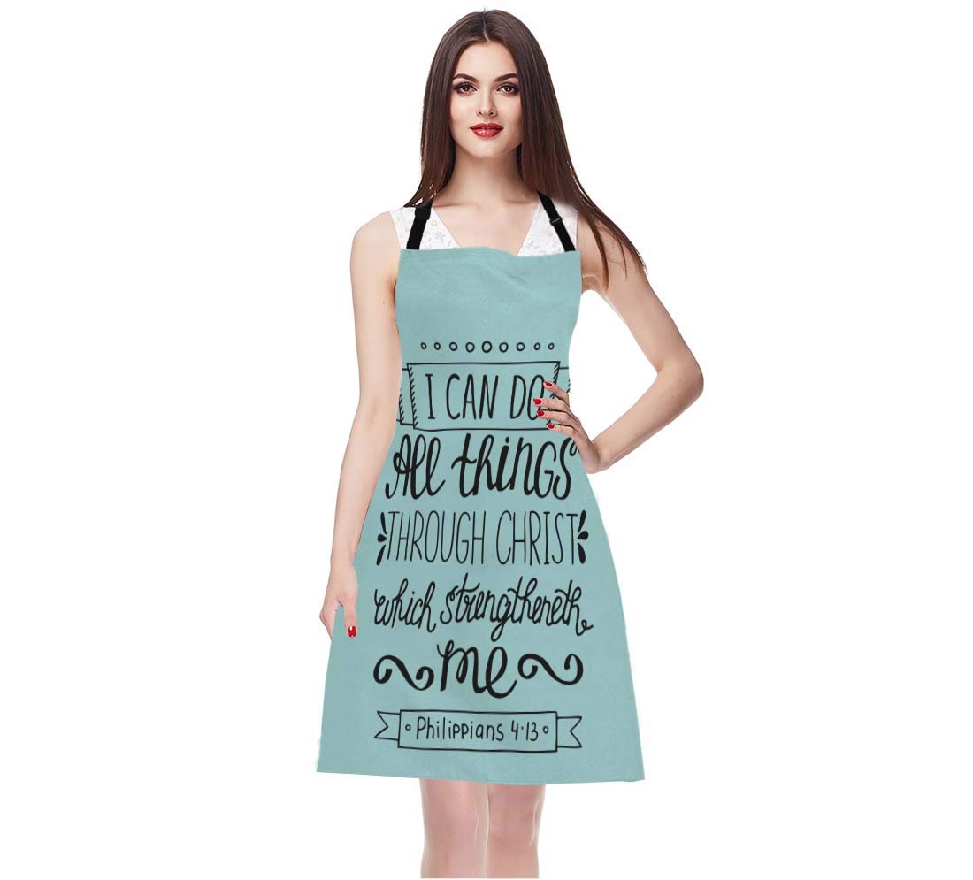 EKOBLA Bible Verse Aprons With I Can Do All Things Through Christ Christian Lettering Quote Waterproof Resistant Chef Cooking Kitchen BBQ Adjustable Aprons for Women Men 27x31 Inch