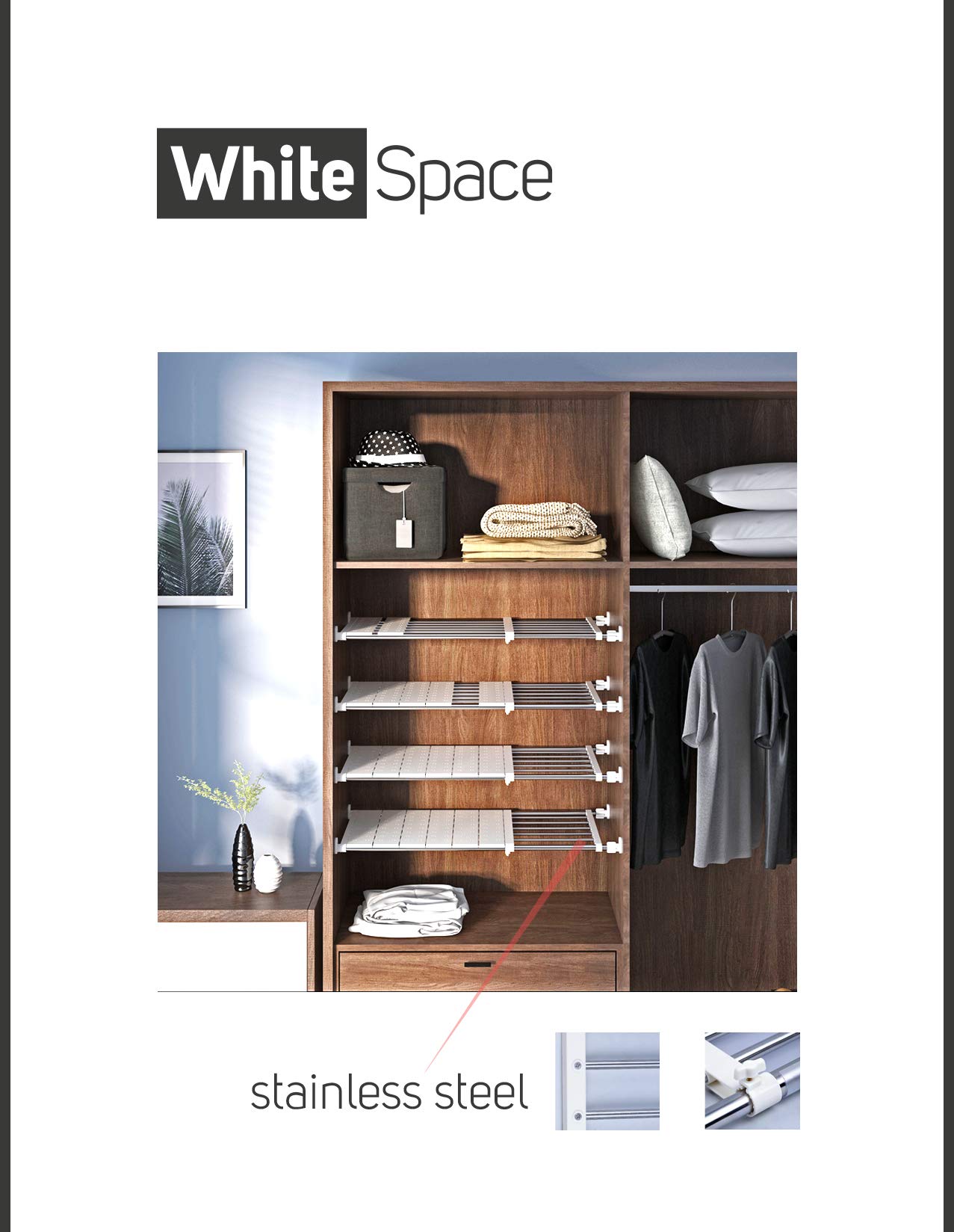 Whitespace Expandable Closet Tension Shelf - Stainless Steel 9.45 in. x 24 in. x 40 in. Adjustable Shelf, Kitchen Cabinet Storage Maximizer, Additional RV Storage, Heavy Duty Tension Rods (10x24)