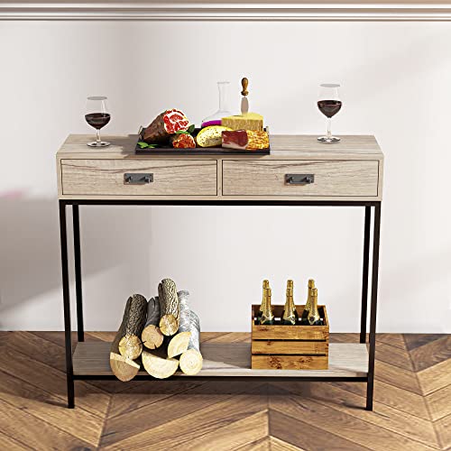 roomfitters Oak Wood Console Table with 2 Drawers, Hallway Foyer Table with Storage Shelves, Narrow Long Sofa Table, Side Table for Living Room, Hallway, Black Metal Frame, Rustic Brown