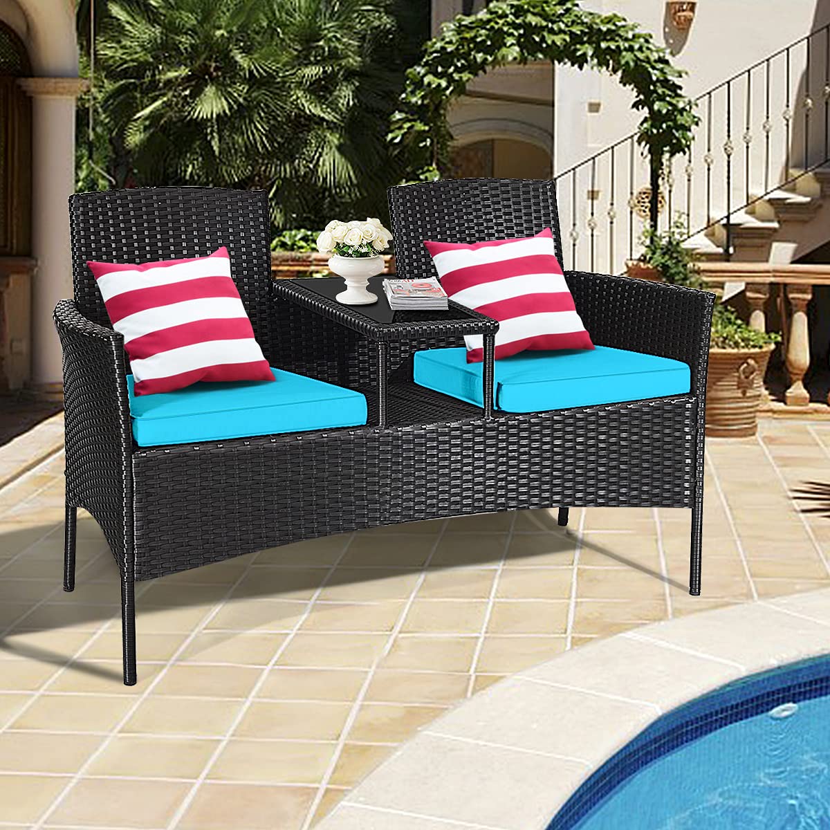 LDAILY Patio Conversation Set, Modern Rattan Loveseat, Outdoor Furniture Set with Removable Cushions & Table, Patio Wicker Sofa Set, Tempered Glass Top, Ideal for Garden Lawn Backyard