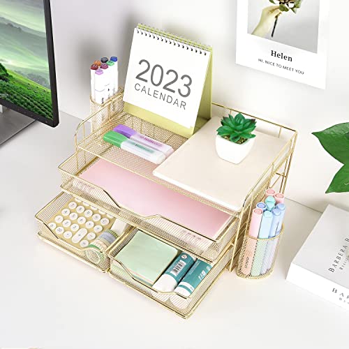 gianotter 3 Tier Desk Drawer Organizer, Office Desk Organizers and Accessories with 2 Pen Holder, Desk Accessories & Workspace Organizers for Home Office Supplies (Gold)