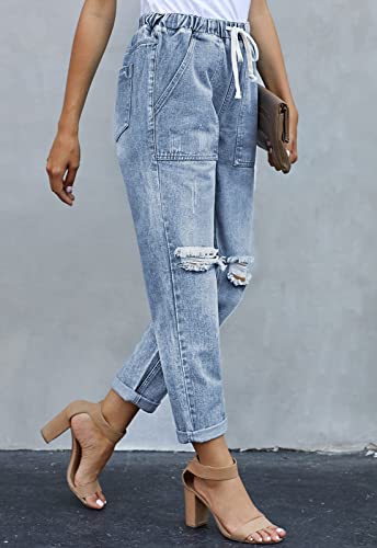 Metietila Women’s Casual Pull-on Distressed Stretch Jeans Elastic Waist Jean Light Indigo Denim Joggers Pants for Women XX-Large