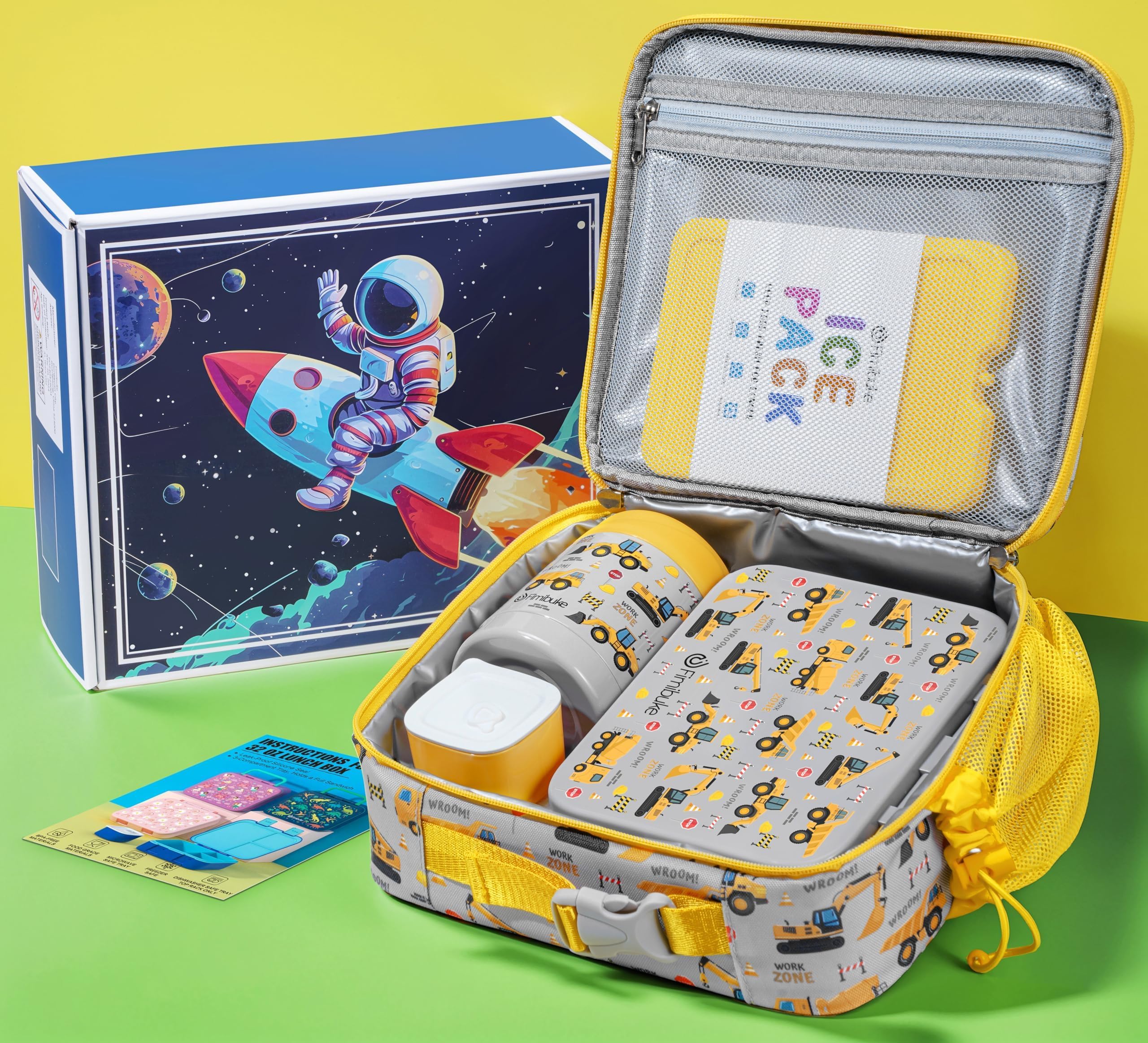 Fimibuke Kids Bento Box with Insulated Thermos Food Jar, Lunch Bag & Ice Pack Set, 3-Compartments Toddler Lunch Box, ONE-STOP Snack Lunch Container Solution for Ages 3-12 School Girls Boys - Trucks