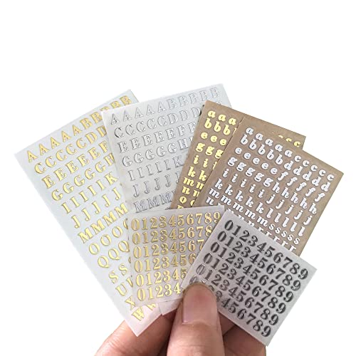 HYMAOME 6 Sheets Alphabet&Number Stickers Mini Self Adhesive Resin Letter Sticker Shiny Digital Stickers Gold/Silver Labels 3mm for Nail Art, Scrapbooking, Card Making, Journaling