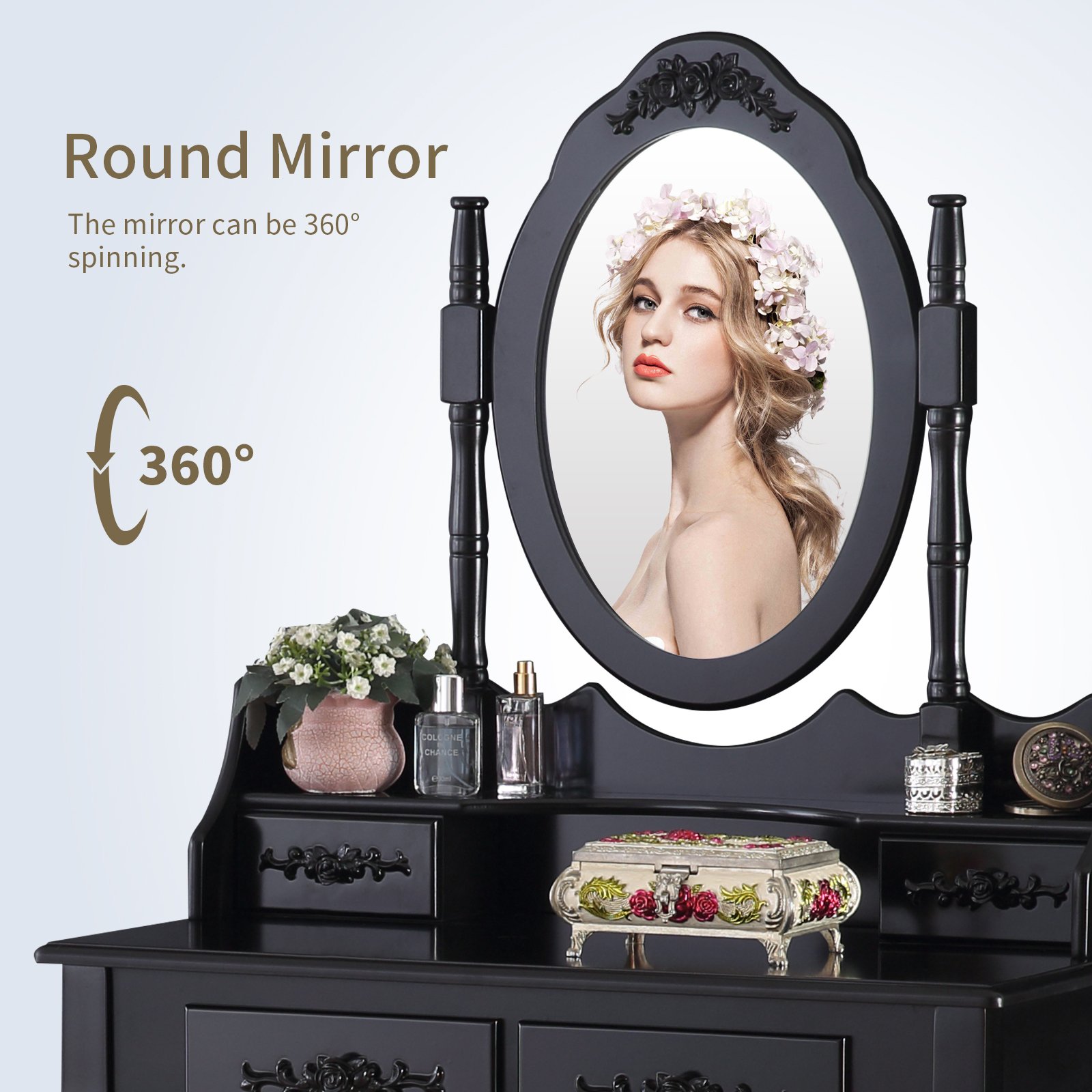 mecor Vanity Table Set/Oval Mirror,Wood Makeup Table w/4 Drawer Storage,Bedroom Dressing Table with Cushioned Stool for Girls Women Black
