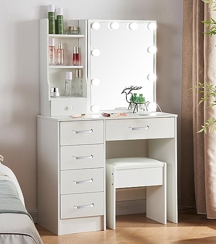 Makeup Vanity Set with Lights & Mirror, Large Vanity Table with Storage Drawers & Stool, Bedroom Dresser Desk Dressing Table for Girls Women (Modern)