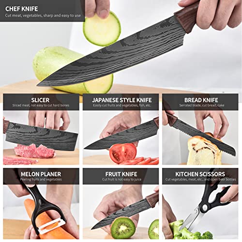 Damascus Steel Knife Set 18Pcs Non Stick Sharp Kitchen Knives Set with Acrylic Block, Cutlery Knives Block Set, Chef Quality, Best Gift (Coffee)