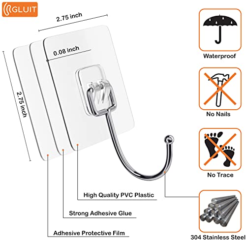 GLUIT Adhesive Hooks Medium 12 Pack and Large 12 Pack for Hanging Heavy Duty Wall Hooks 22 lbs Self Adhesive Towel Hook Waterproof Transparent Hooks for Keys Bathroom Shower Outdoor Kitchen