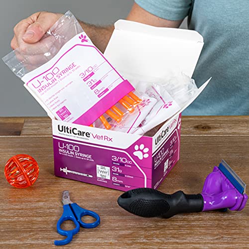 UltiCare VetRx U-100 Pet Insulin Syringes, Comfortable & Accurate Dosing of Insulin for Pets, Compatible w/Any U-100 Strength Insulin, Size: 3/10cc, 31G x 5/16ββ, w/Half Unit Markings, 60 ct Box