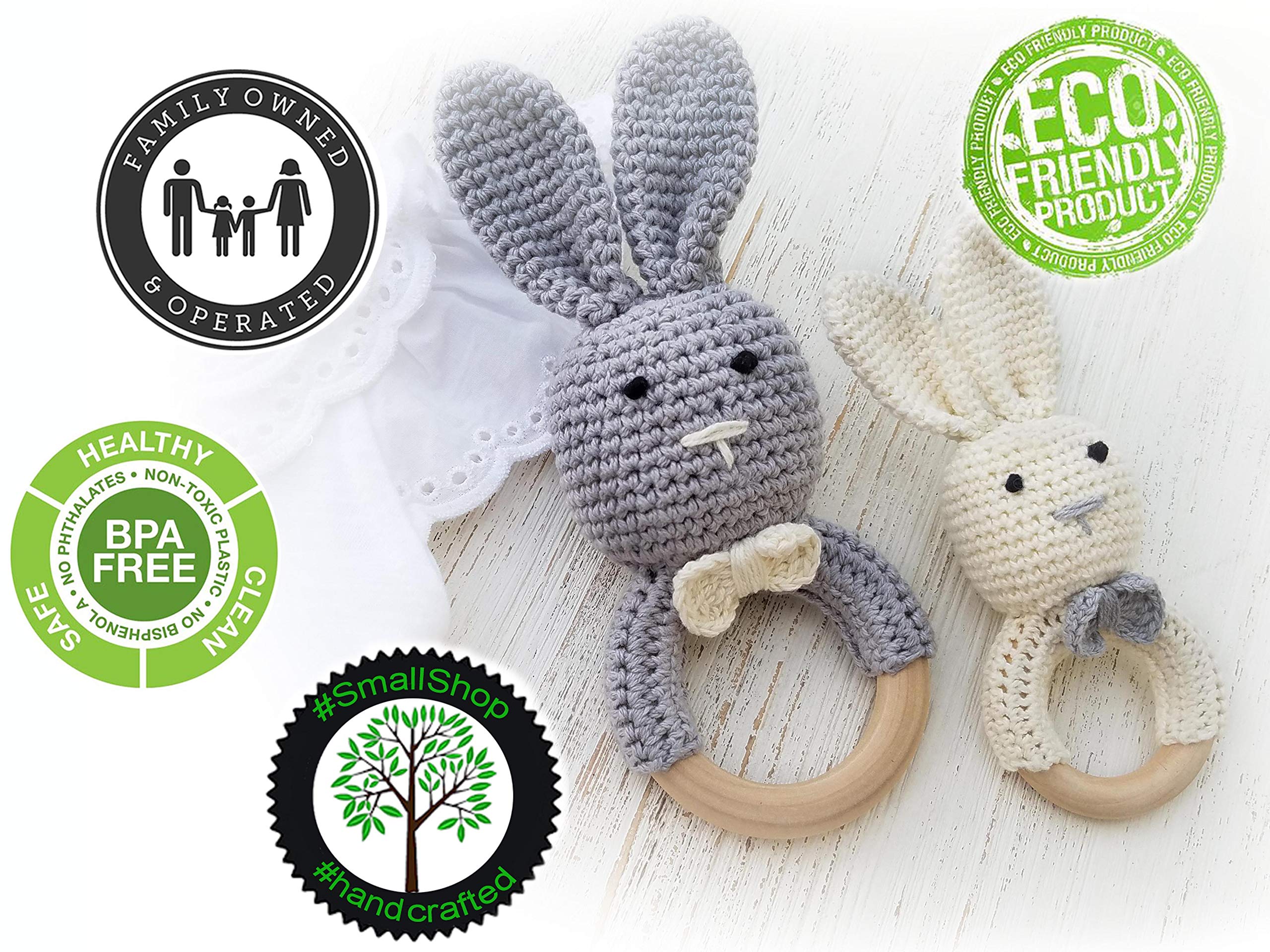 Natural Wooden Baby Toys Cotton Crochet Bunny Teething Ring Teether Rattle Set of 2 Newborn Unisex Baby (Grey Mama White Baby)