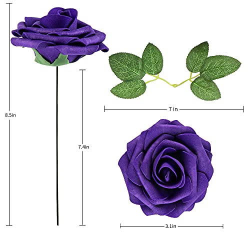 Lansdowns Artificial Flower Foam Rose 25pcs Real Looking Fake Rose with Stems Leaves for Home Decoration Party Garden Centerpieces DIY Wedding Bouquets(Purple)