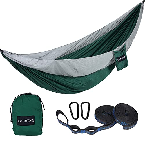 Camping Hammock Double & Single Portable Hammocks Ultralight Nylon Parachute Hammocks with 2 Tree Straps for Backpacking, Travel, Beach, Backyard, Camping, Hiking (Medium, Green Black & Grey)