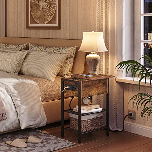 HOOBRO End Table with Charging Station, Narrow Side Table with USB Ports and Outlets, Flip Nightstand for Small Spaces, Sofa Couch Table Bedside Table, Living Room Bedroom, Rustic Brown BF158UBZ01G1