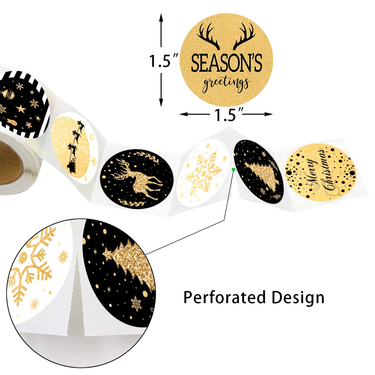 Christmas Stickers for Envelopes Holiday Labels 500PCS Black & Gold Seals Faux Glitter for Holiday Christmas Party Decoration