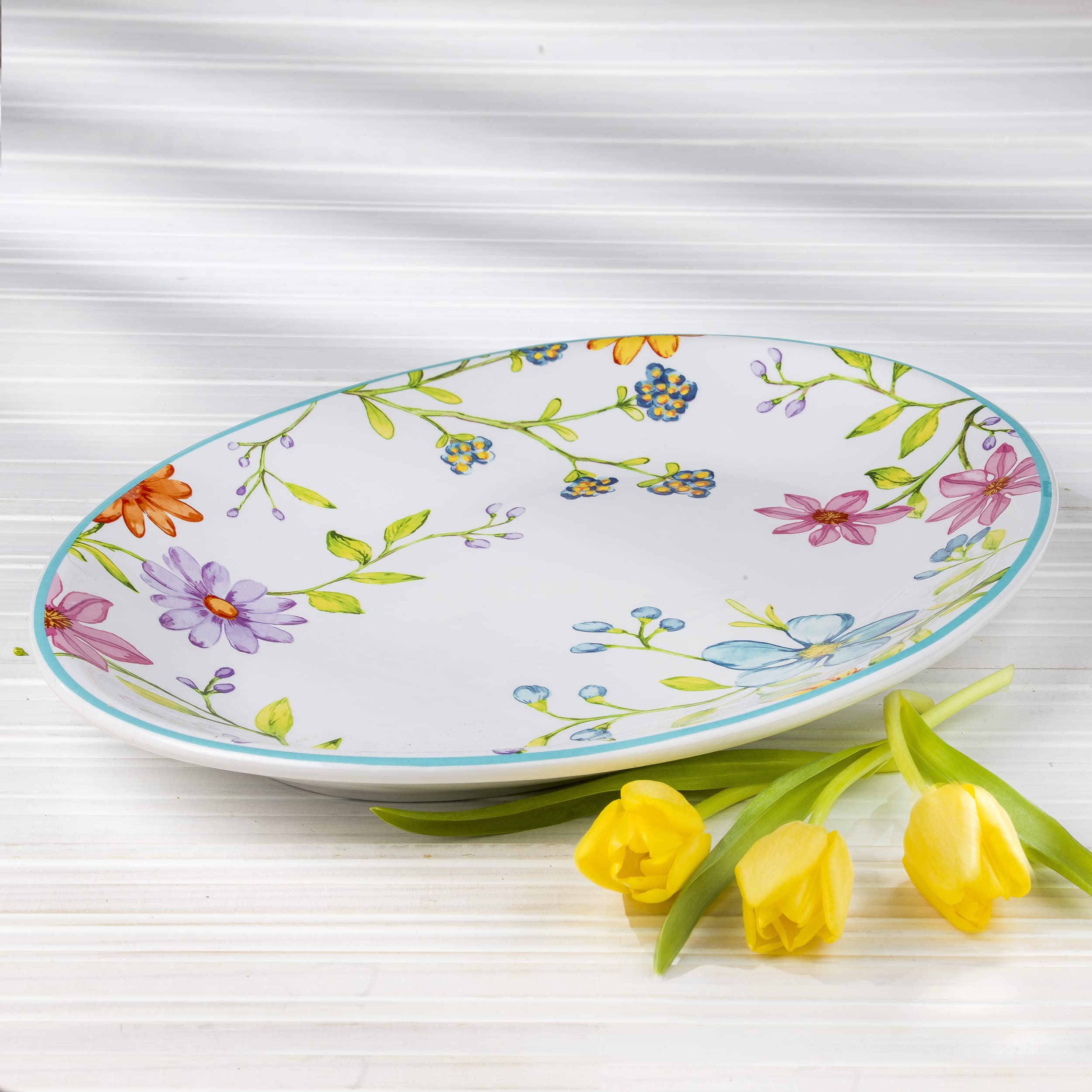 Charlotte Collection 15" Oval Platter and 9" Fruit/Vegetable Bowl, Multicolor Watercolor Floral/Garden Design, 2 Piece Stoneware Serving Set