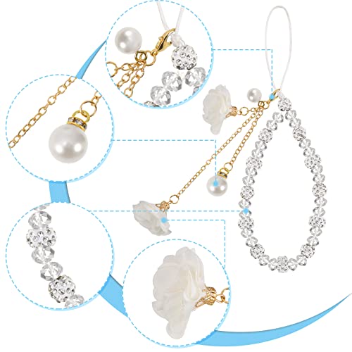 PORTOWN Phone Charm String Phone Chain Strap Cute Keychains Beaded Phone Strap Cell Phone Charms Beaded Lanyard Kawaii Creative Crystal Flower Pendant(White) GBYBY5768