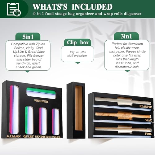 Hoshier 9 in 1 Bundle Wooden Ziplock Bag Organizer with Wrap Organizer For Kitchen Drawer