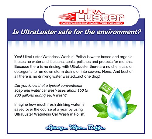 Ultra Luster Waterless Car Wash Cleans, Seals, Polishes and Protects All Paint and Glass in One Step. Simply Spray, Wipe and Buff for a Brilliant, Longlasting Shine