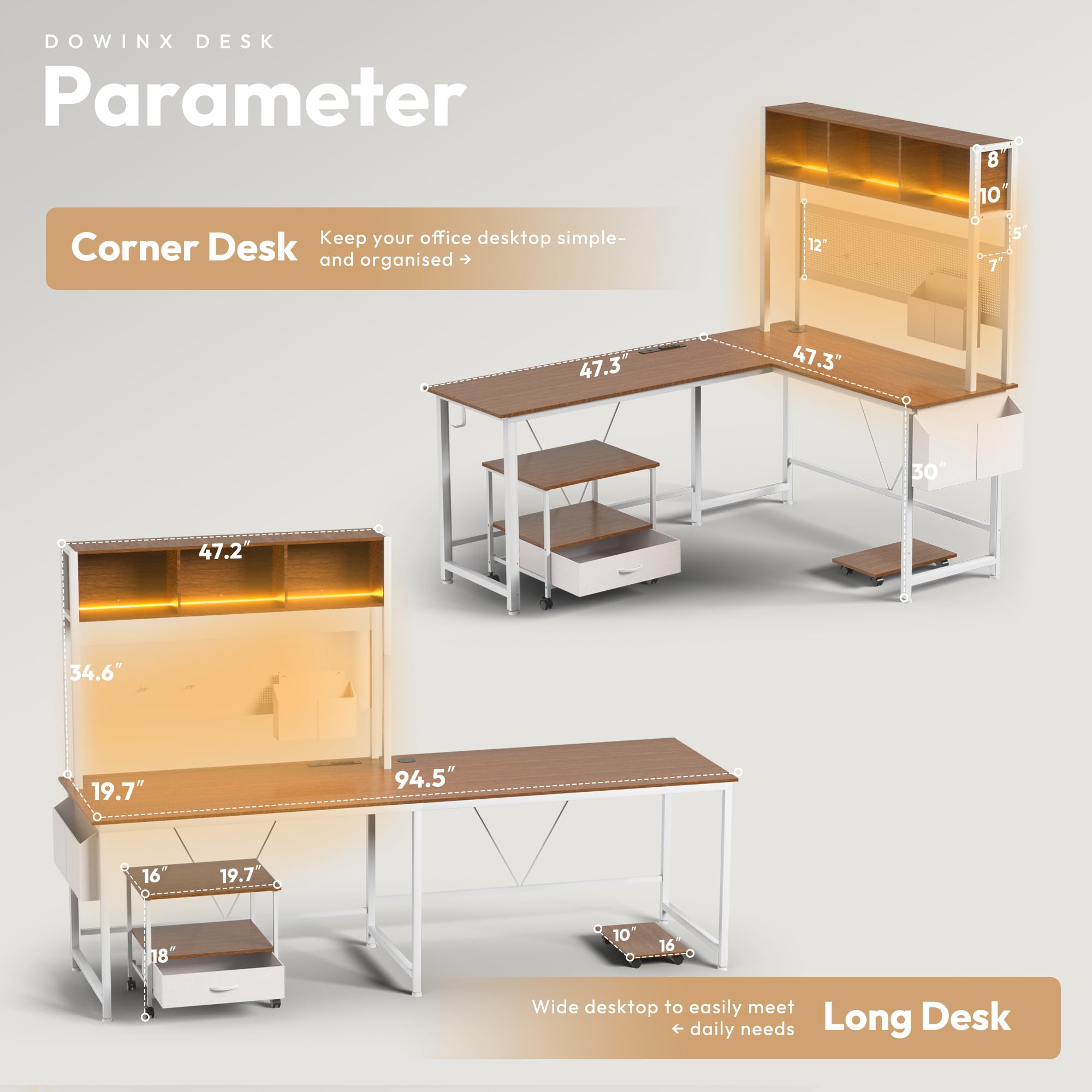 Dowinx L Shaped Desk with Pegboard and Removable Filing Cabinet, Reversible 67β Computer Gaming Desk with Power Outlet and Led, Office Corner Desk with Storage for Home Game, Brown