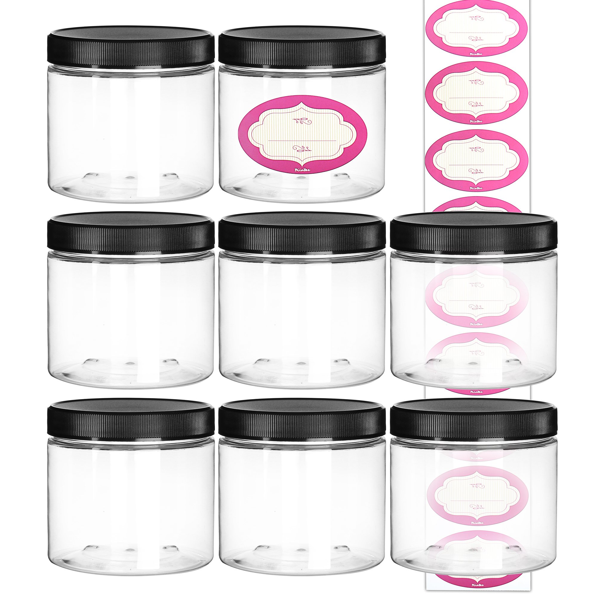 DilaBee 8-Pack 16 Ounce Large Elegant Refillable Clear Plastic Jars with Lids and Labels, Round Container For Beauty Products, Cream, Exfoliating Scrub