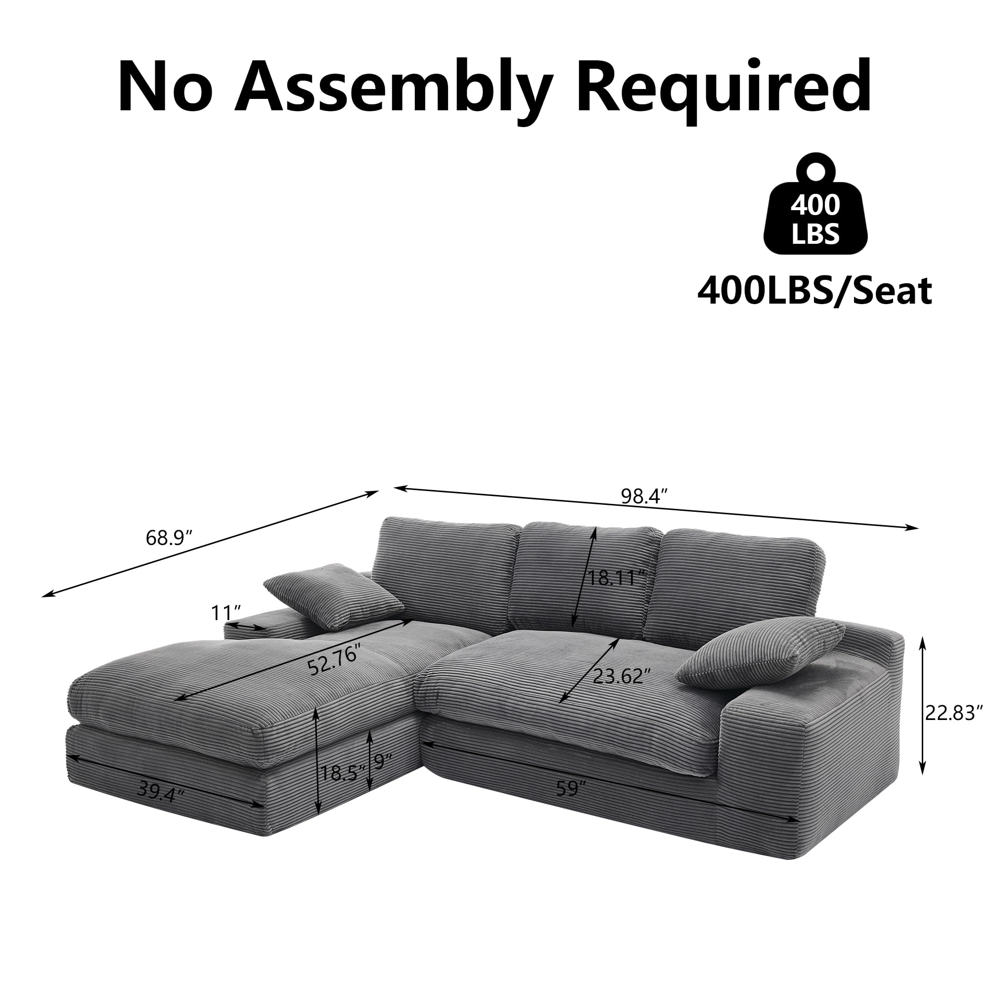 GNIXUU Corduroy Cloud sectional couches for Living Room, 98.4" Fluffy Large L Shaped Sofa with Deep Seat & Comfy Chaise, Upholstered Modular 3 Seat Couch Sleeper for Apartment, Studio, Office, Gray
