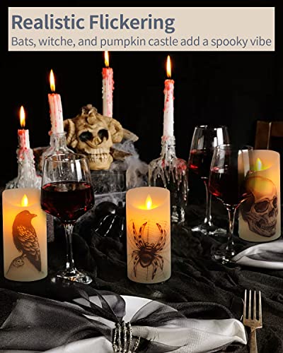 SHYMERY Halloween Decorations Indoor,Halloween Candles with Remote Timer,Skull,Spider Web,Crow Decor Raven Decals,Battery Operated Canldes for Table Witchy Bathroom Kitchen Spooky Home Decoration