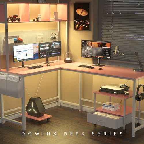 Dowinx L Shaped Gaming Desk with Pegboard and Removable Filing Cabinet, Reversible 67β Computer Gaming Desk with Power Outlet and Led, Office Corner Desk with Storage for Home Game, Pink