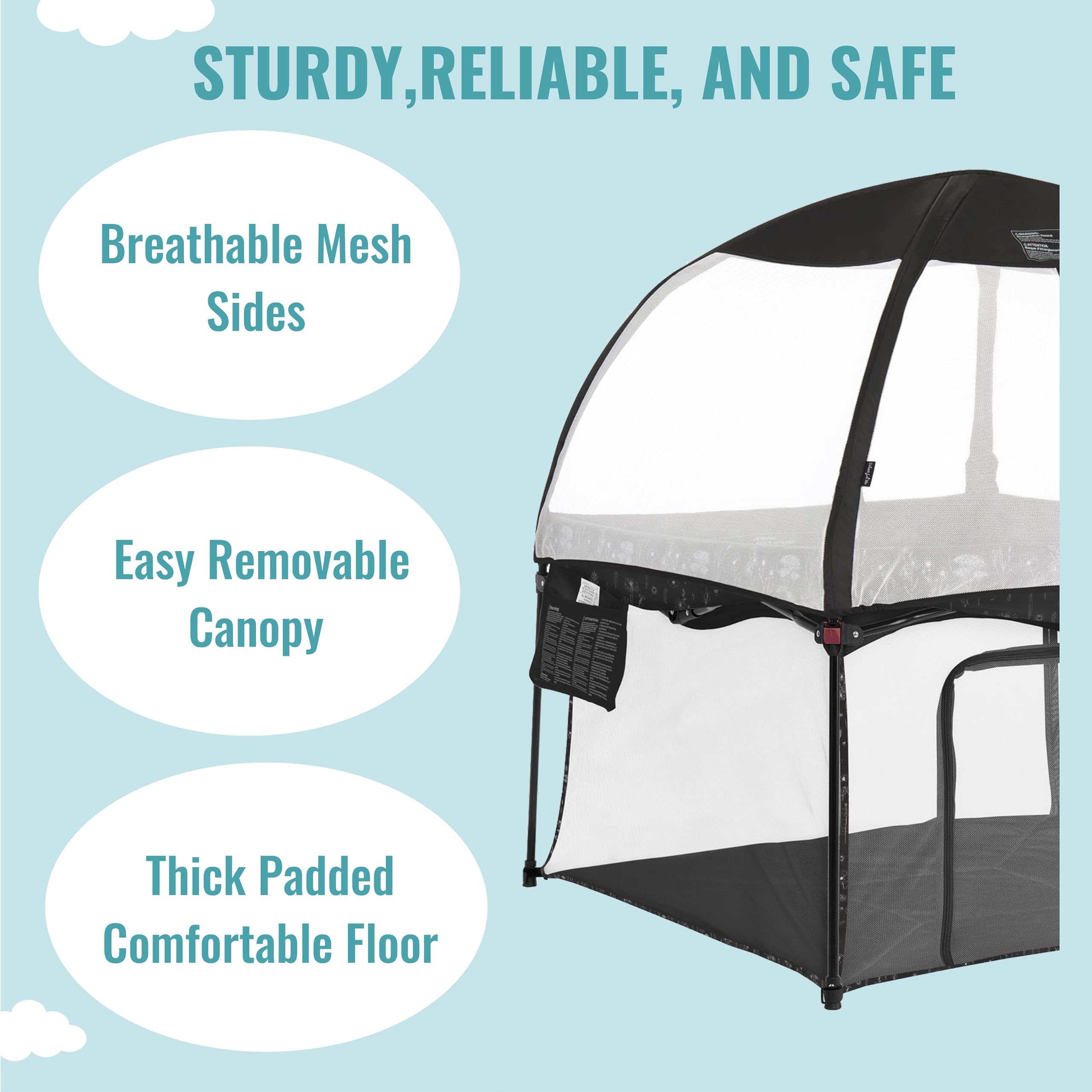 Dream On Me Ziggy Square Playpen with Canopy | Baby Playpen | Portable and Lightweight | Playpen for Babies and Toddler | Black & White